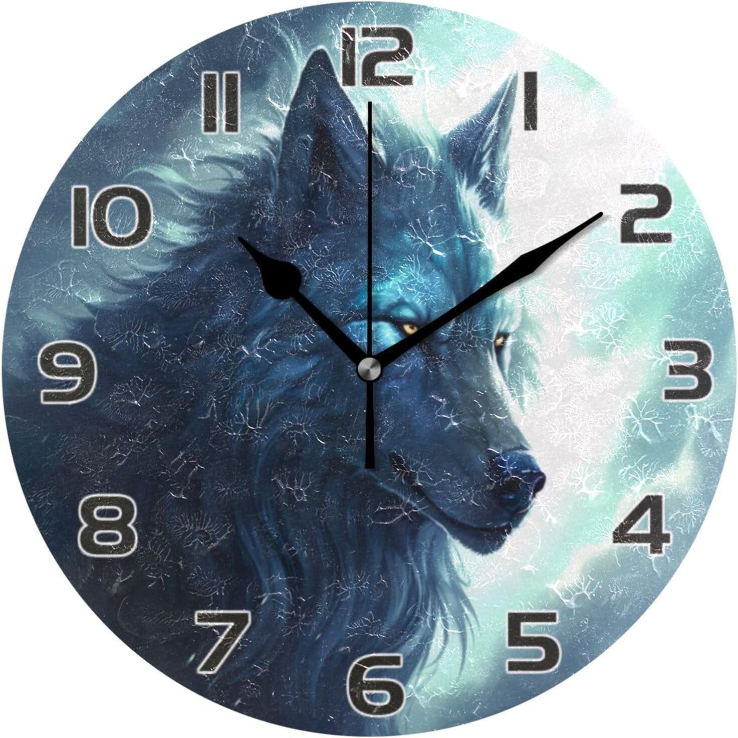 Wild Wolf Wall Clock Round Vintage Silent Non Ticking Battery Operated ...