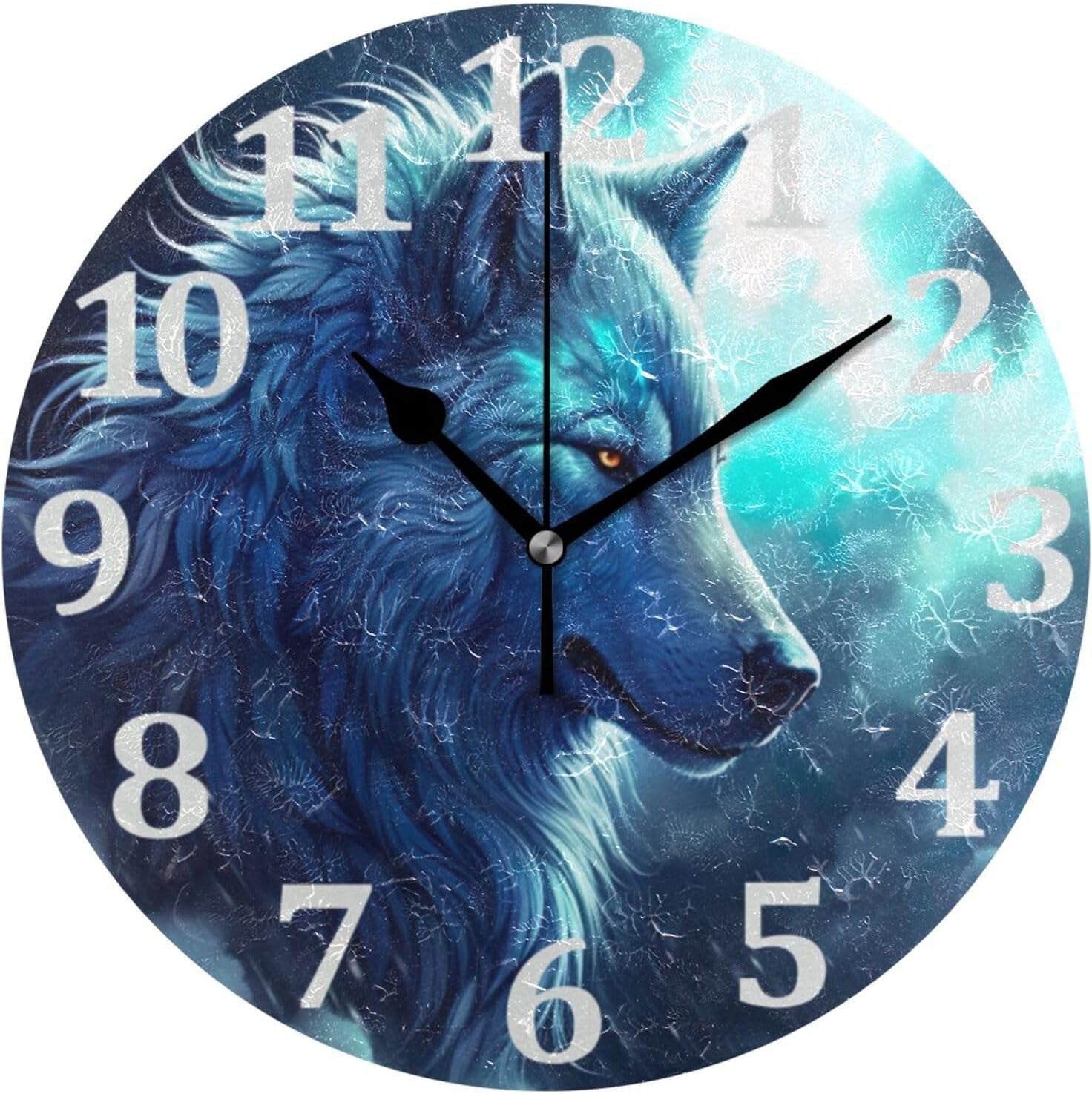 Wild Wolf Wall Clock Round Vintage Silent Non Ticking Battery Operated ...