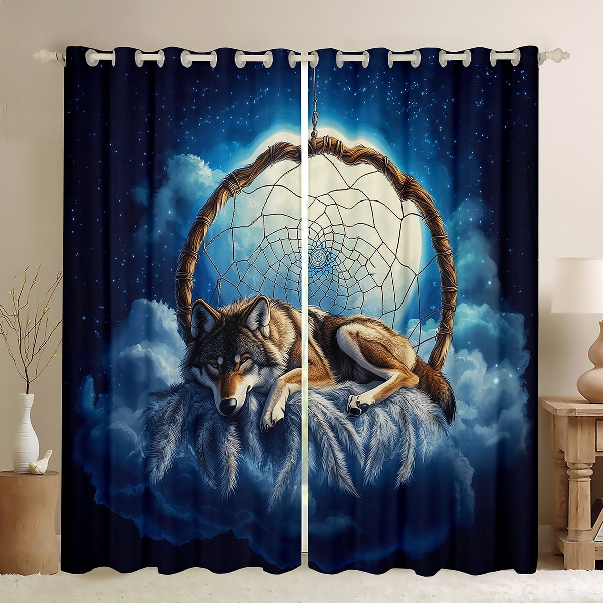Wild Wolf Windows Drapes Block 30%-50% Light,Tribal Dreamcatcher ...
