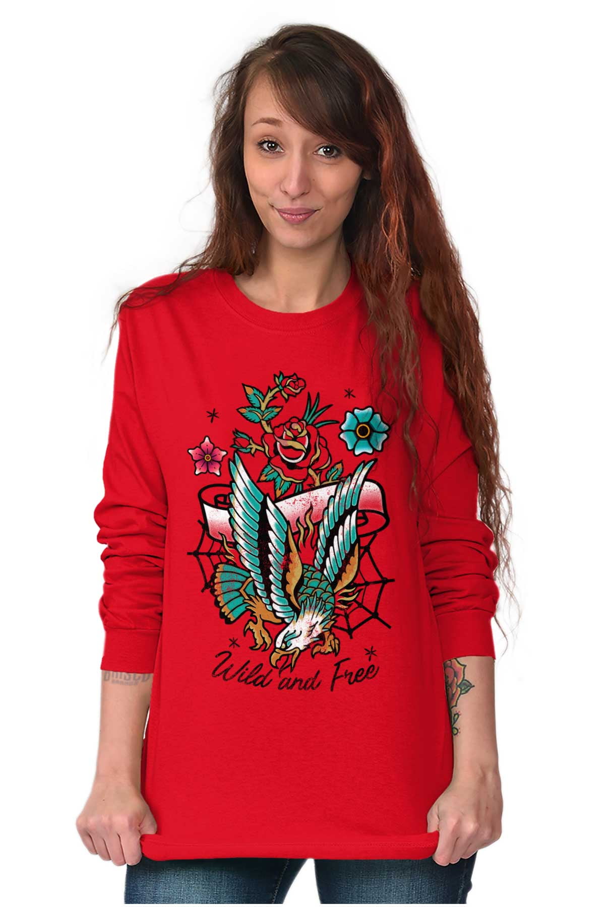 Wild and Free Bald Eagle Rose Tattoo Long Sleeve TShirt Men Women ...