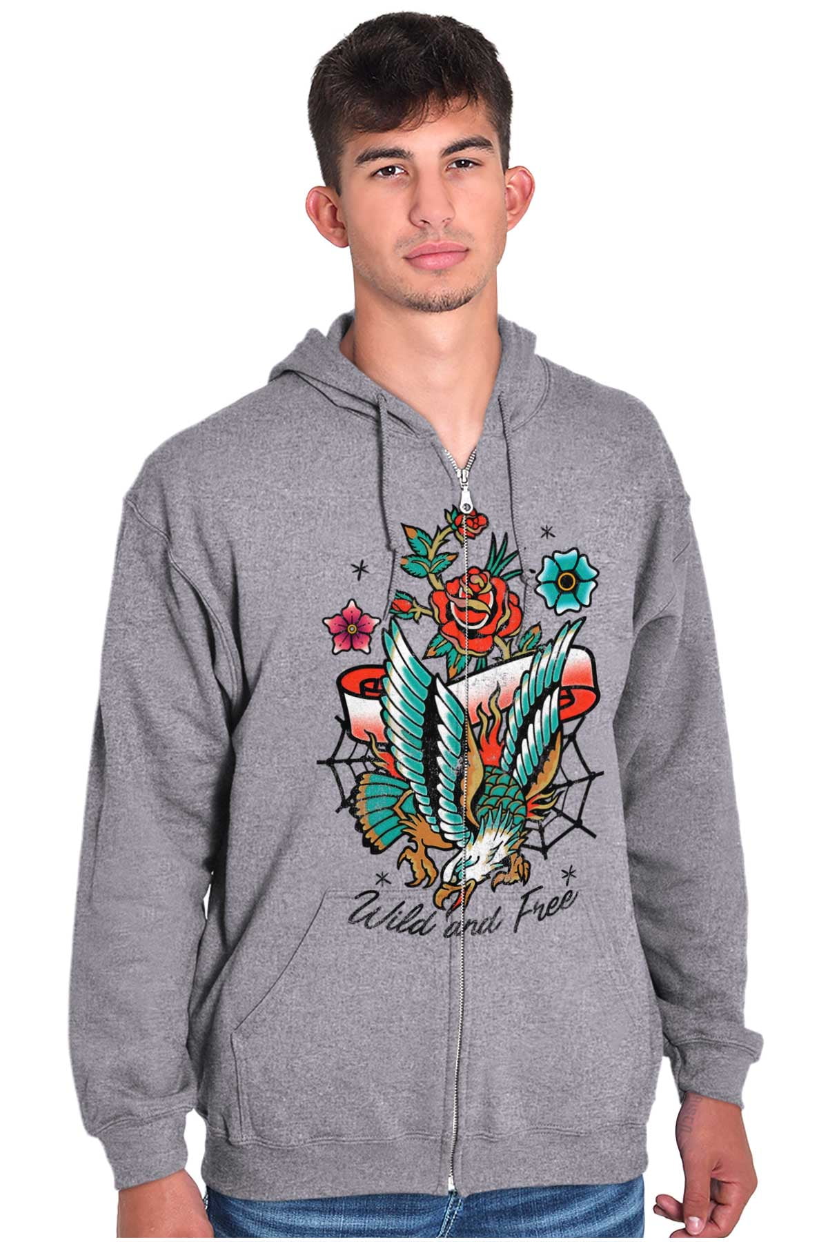 Wild and Free Bald Eagle Rose Tattoo Unisex Plus Size Zip Hoodie Brisco ...