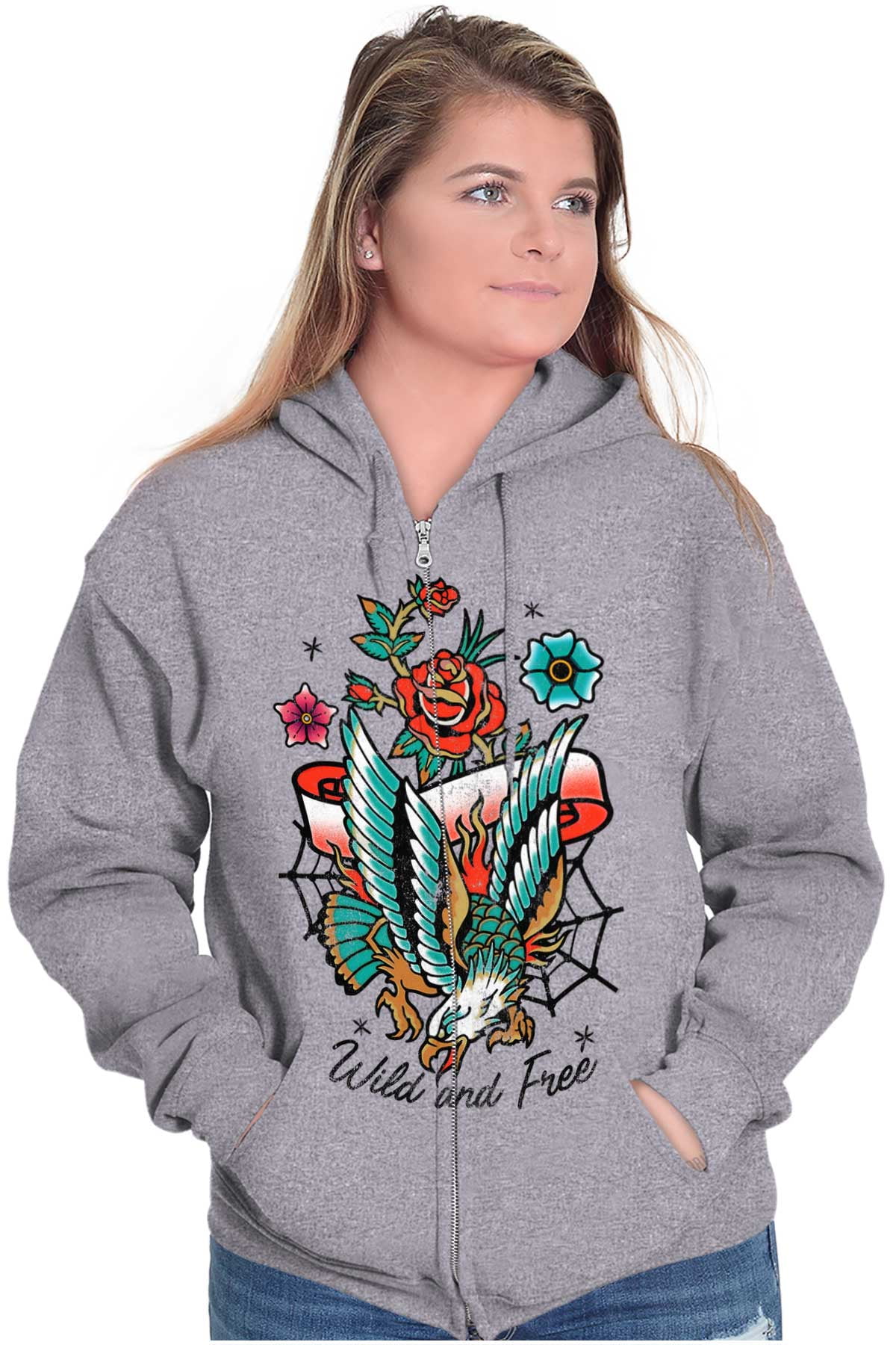 Wild and Free Bald Eagle Rose Tattoo Zip Up Hoodie Men's Women's Brisco ...