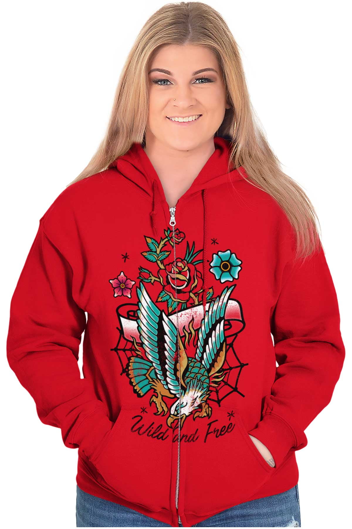 Wild and Free Bald Eagle Rose Tattoo Zip Up Hoodie Men's Women's Brisco ...