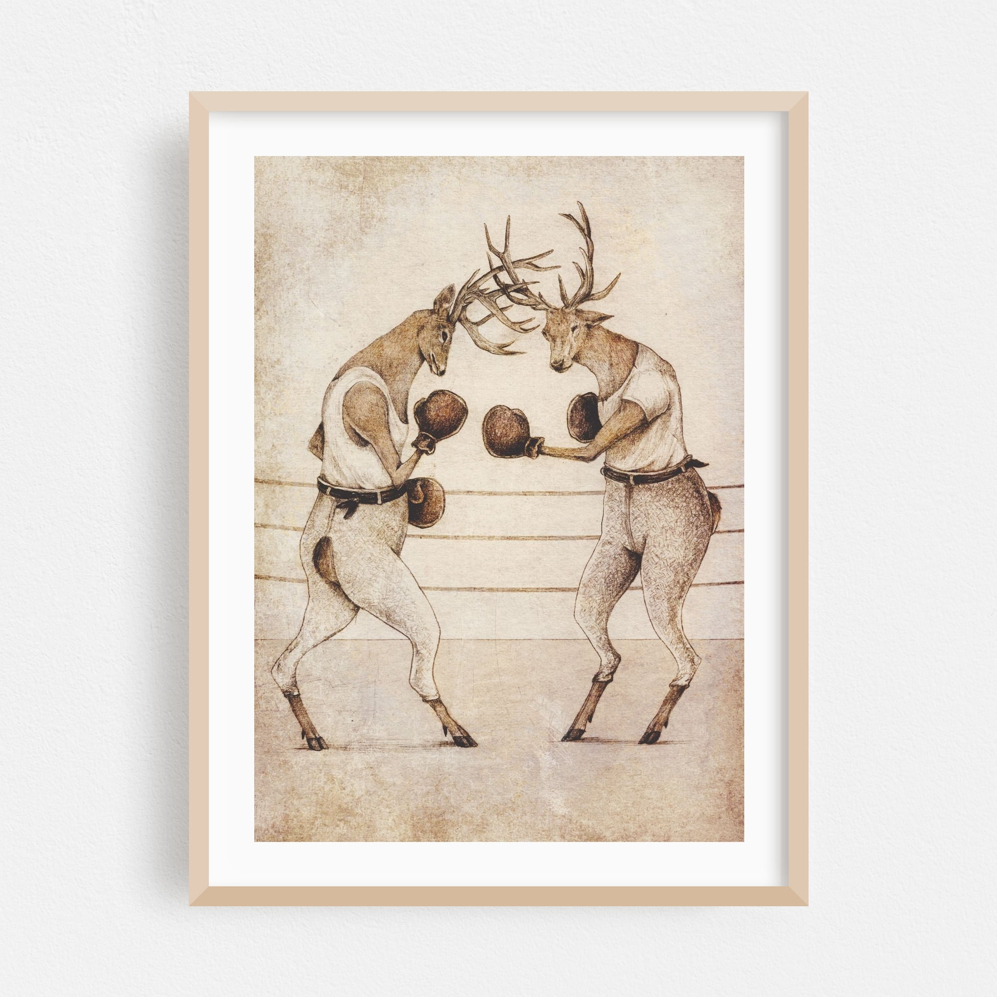 Wild boxing - Drawing Humor Surrealism Vintage Fantasy Retro Oak Framed ...