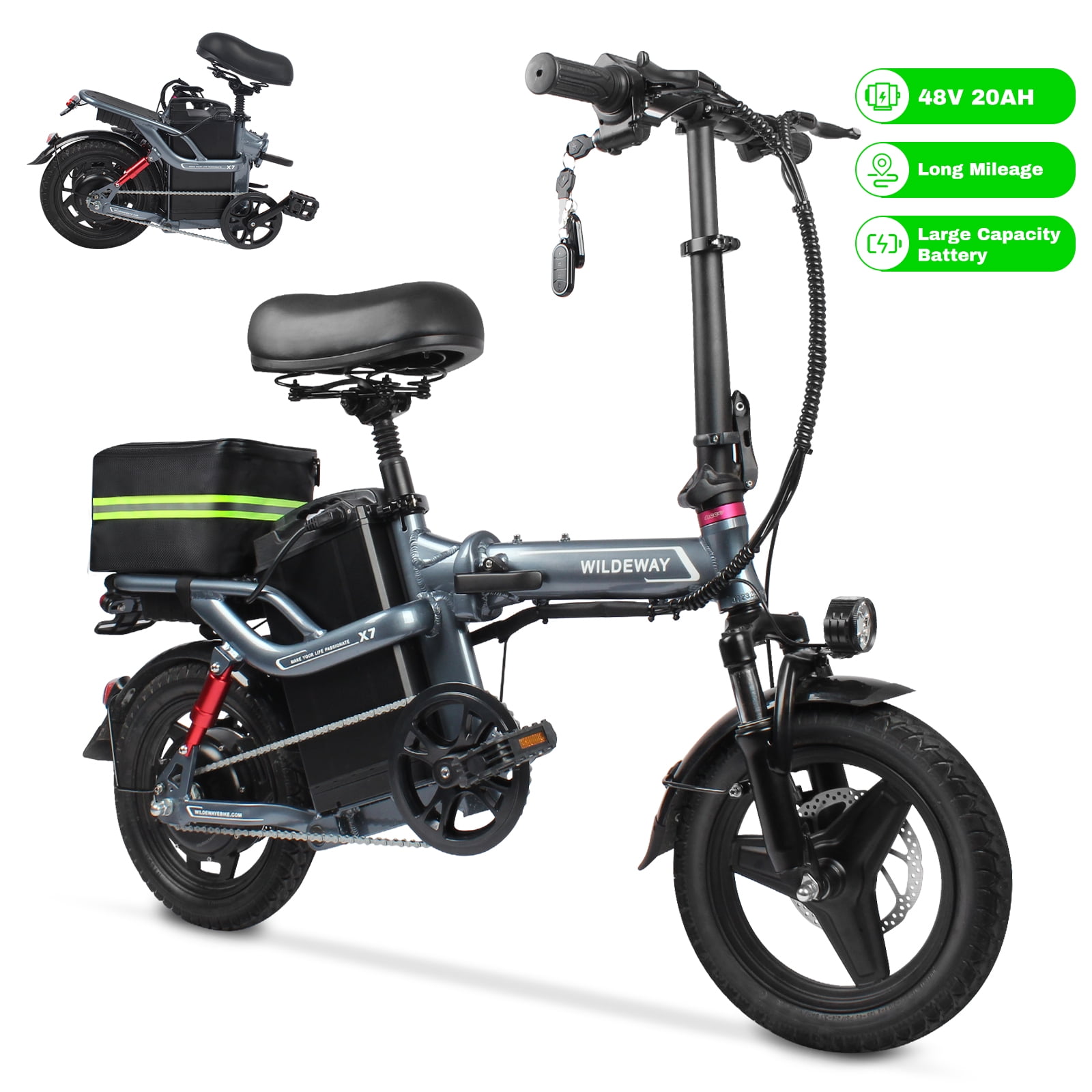 Wildeway Foldable Electric Bike, 400W, 48V 20AH Battery, 14”Tire, Adult ...