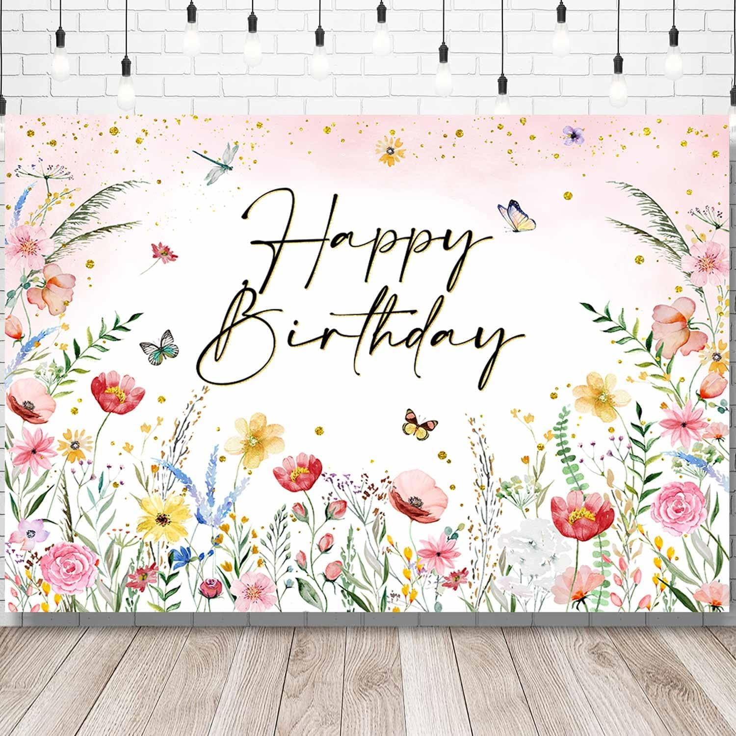 Wildflower Birthday Backdrop Pink Watercolor Floral Birthday ...