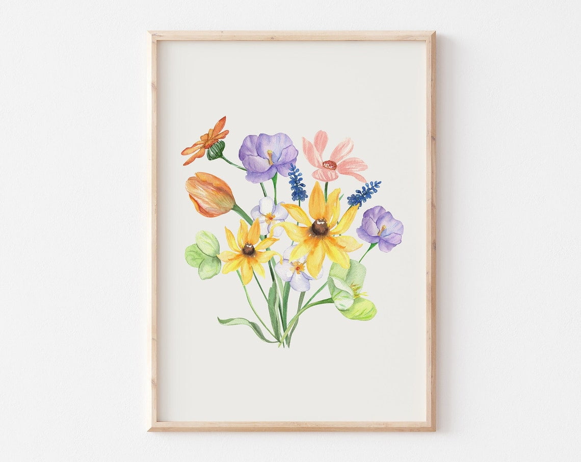 Wildflower Bouquet Painting, Neutral Floral Print, Spring Floral Art ...