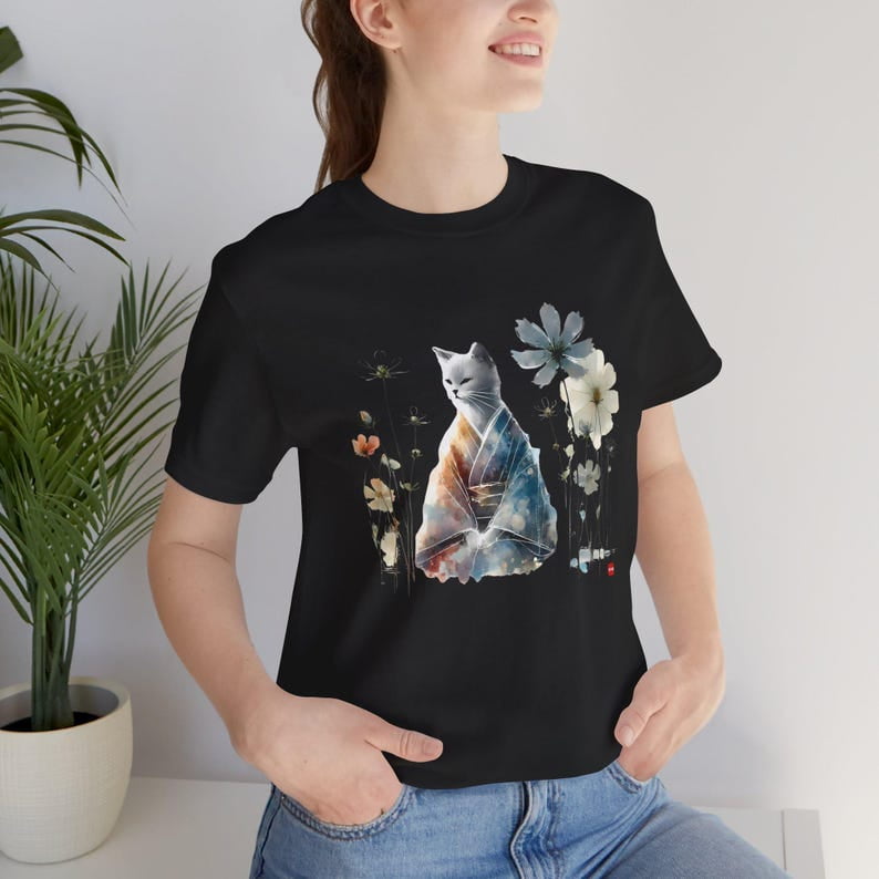 Wildflower Cat Tee - Zen Cottagecore Floral, Kimono Cat, Japanese Art ...