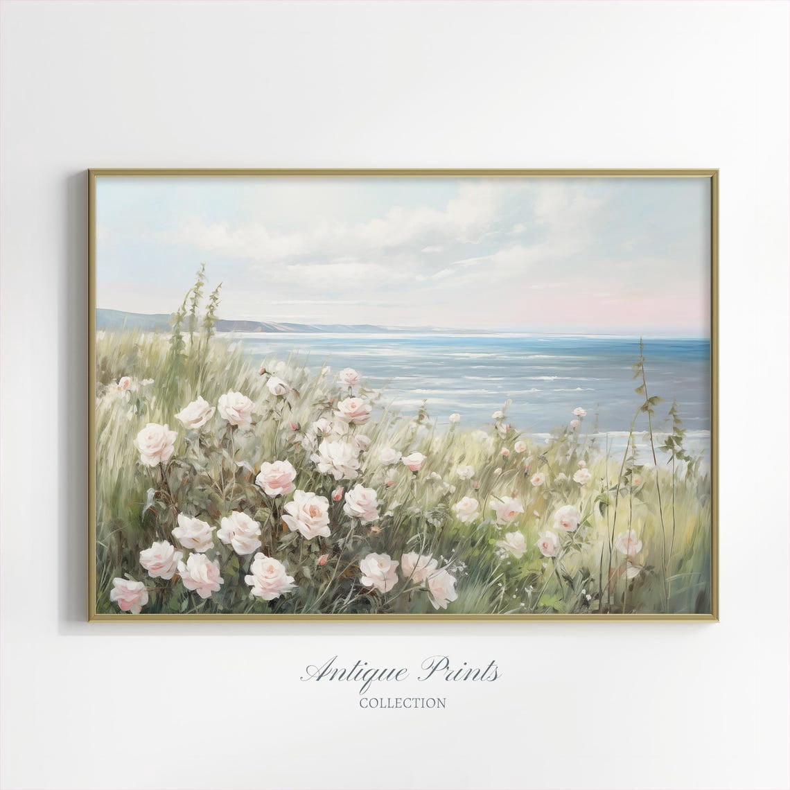 Wildflower Coastal Wall Art, Cottage Seascape, Antique Roses Flowers ...