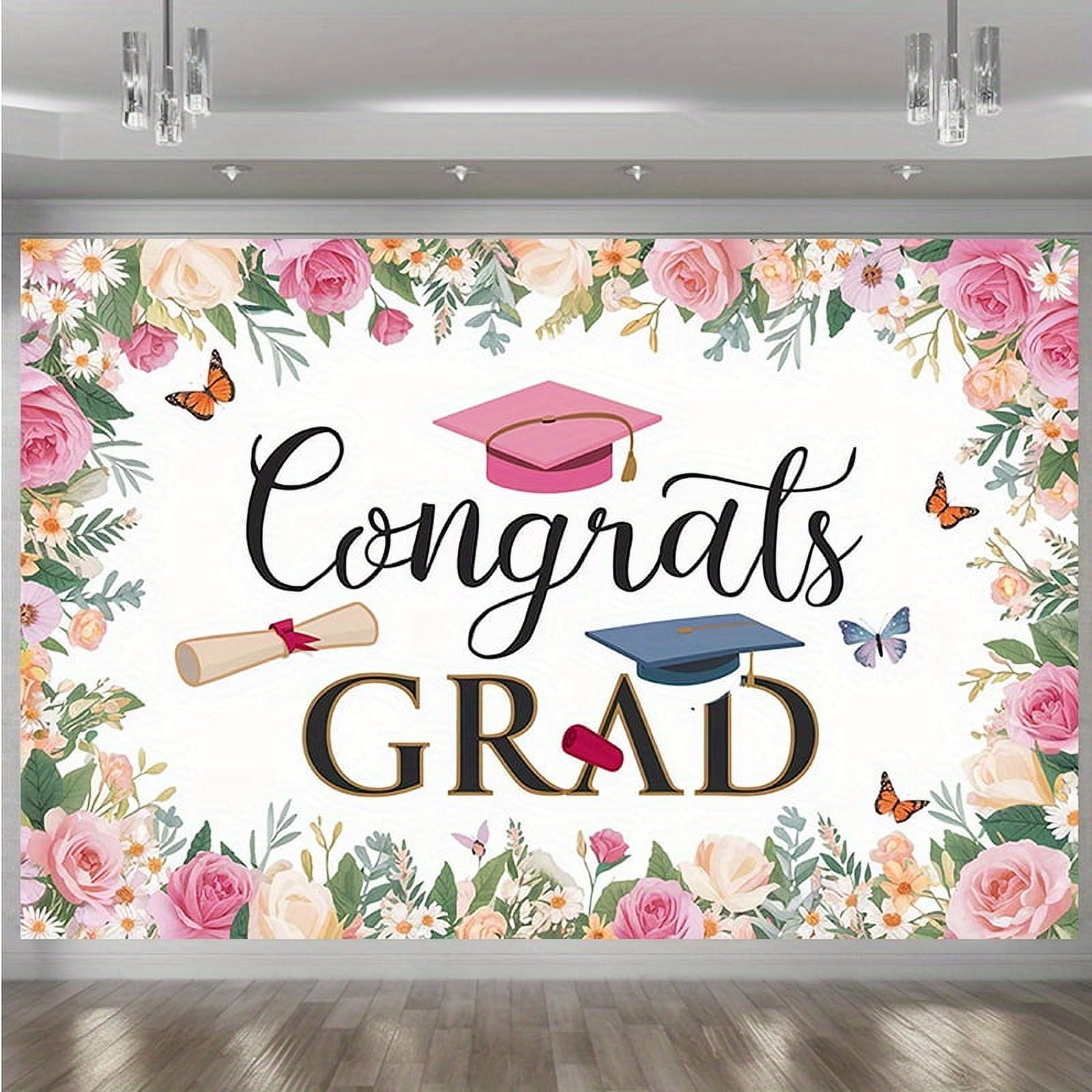 Wildflower Congrats Grad Party Banner - Pink & Floral Design with ...