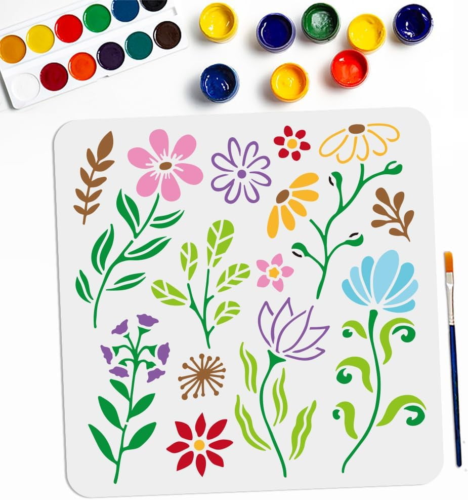 Wildflower Daisy Stencil 11.8×11.8inch Spring Daisy Flower Leaf Blossom ...