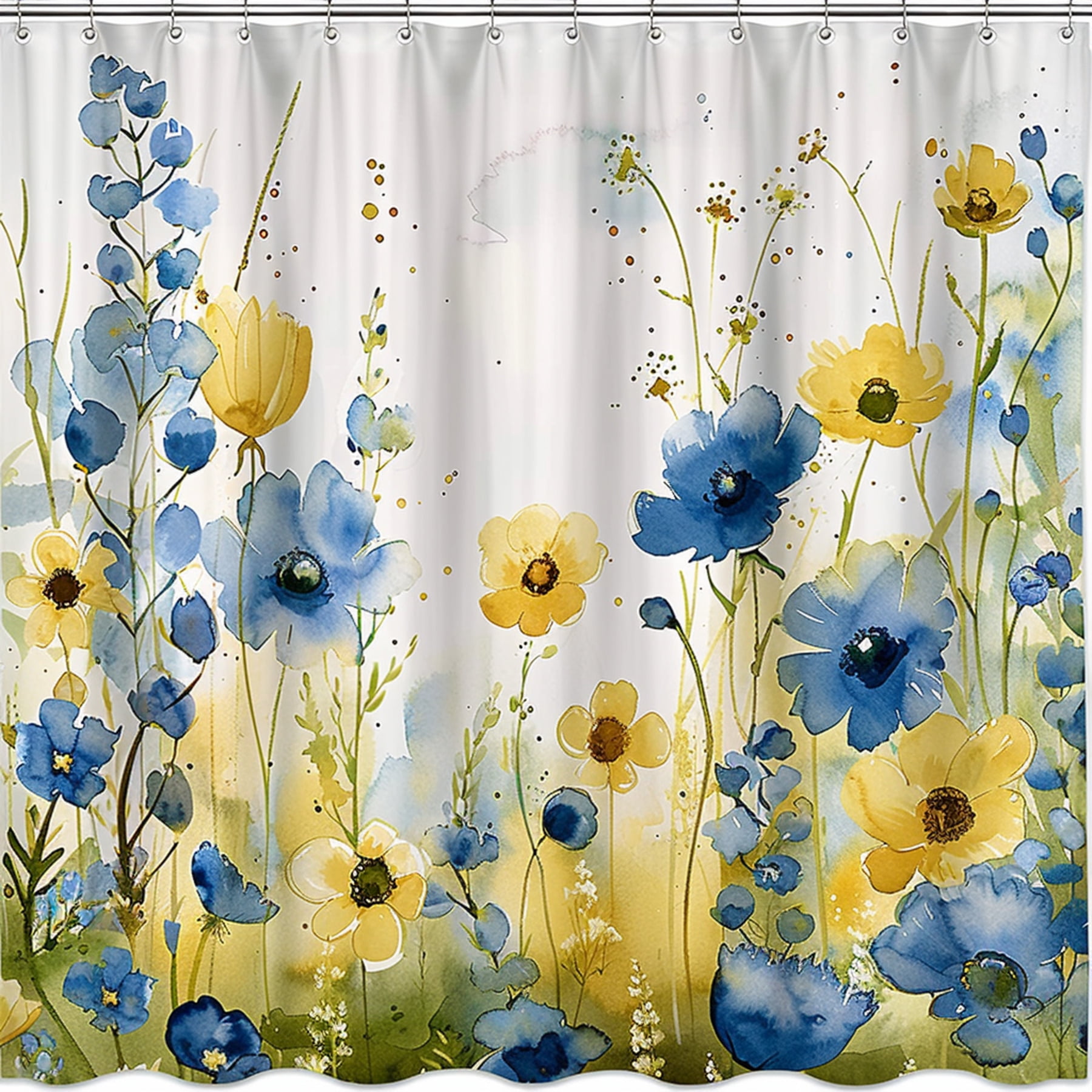 Wildflower Dreams Blue And Yellow Watercolor Shower Curtain With