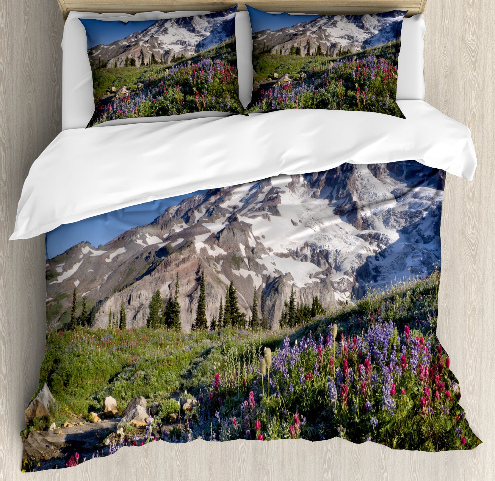 Wildflower Duvet Cover Set, Nature Themed Landscape Mt. Rainier with ...