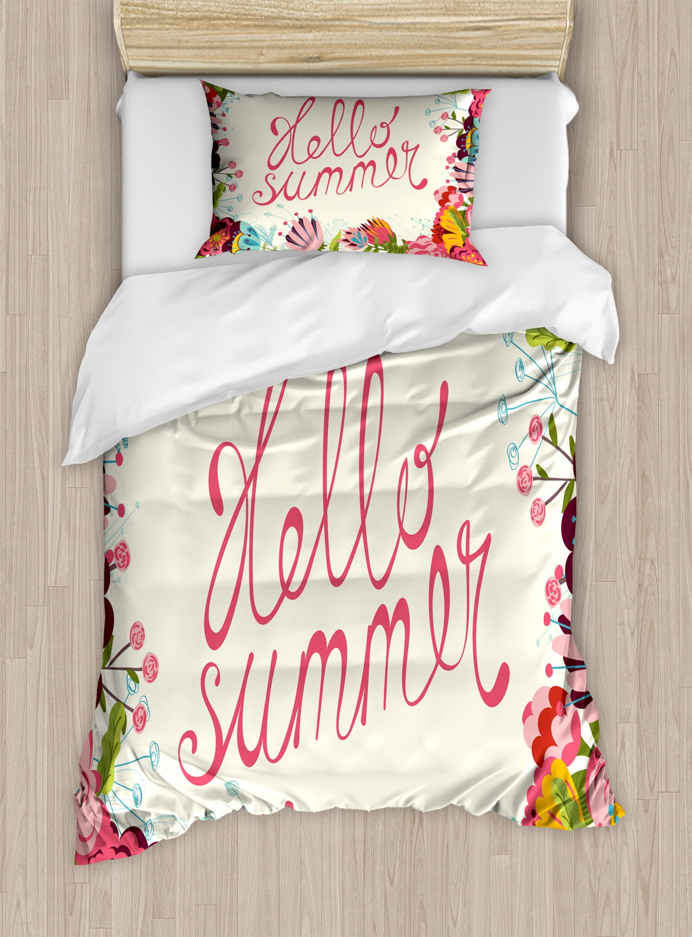 Wildflower Duvet Cover Set, Pinkish Hello Summer Lettering with ...
