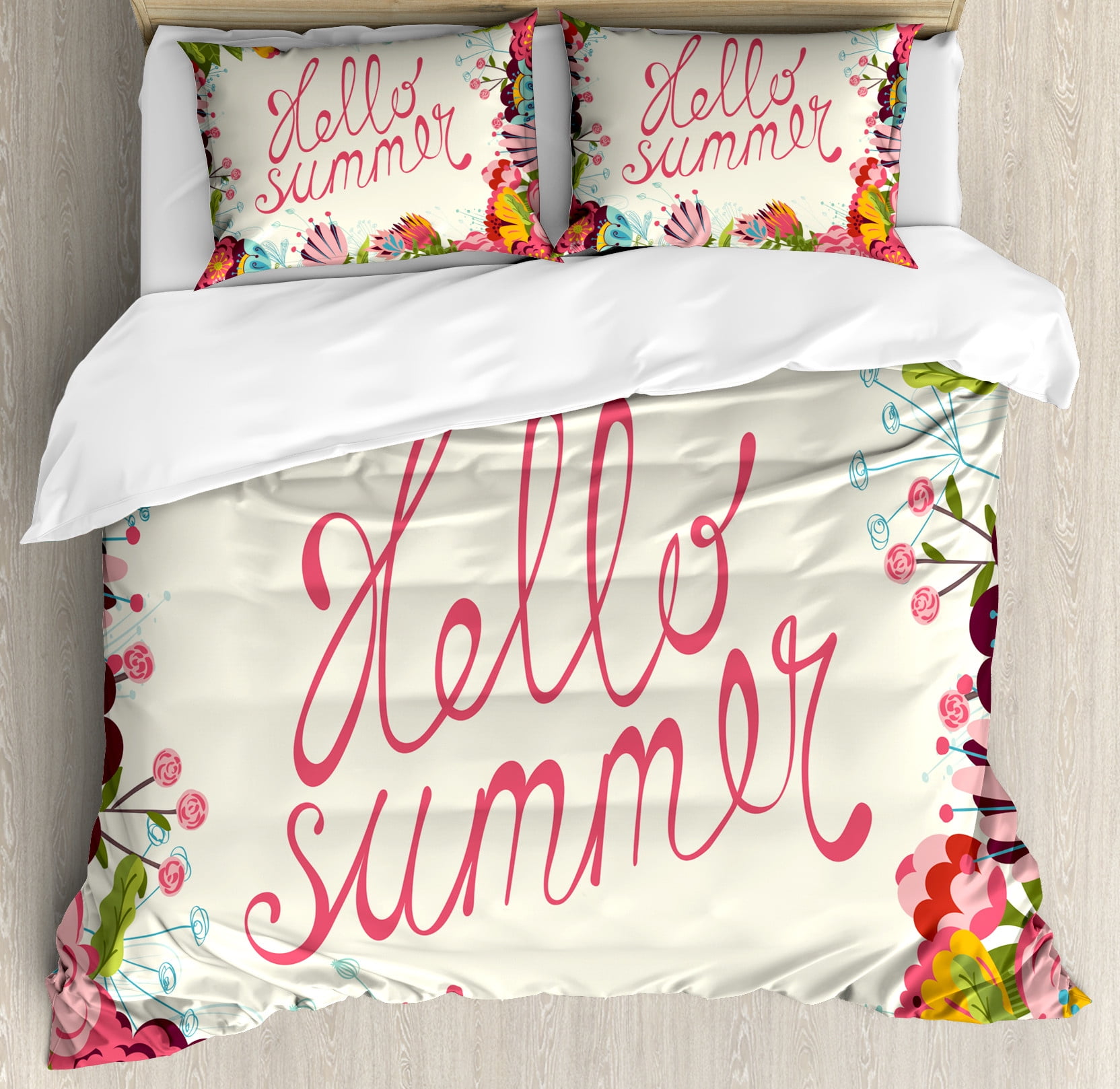 Wildflower Duvet Cover Set, Pinkish Hello Summer Lettering with ...