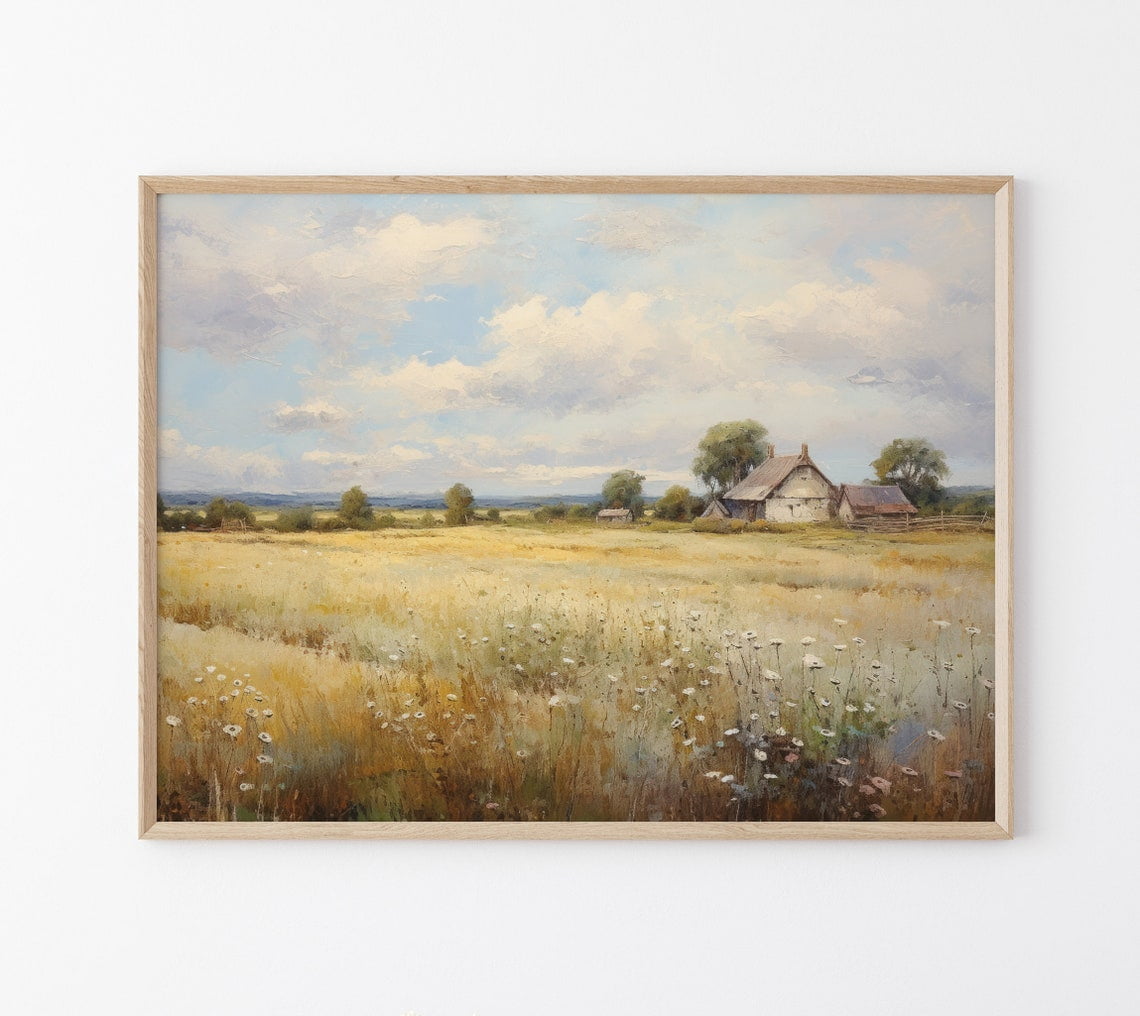 Wildflower Field Cottage Landscape Oil Painting Wall Art Print, Nature ...