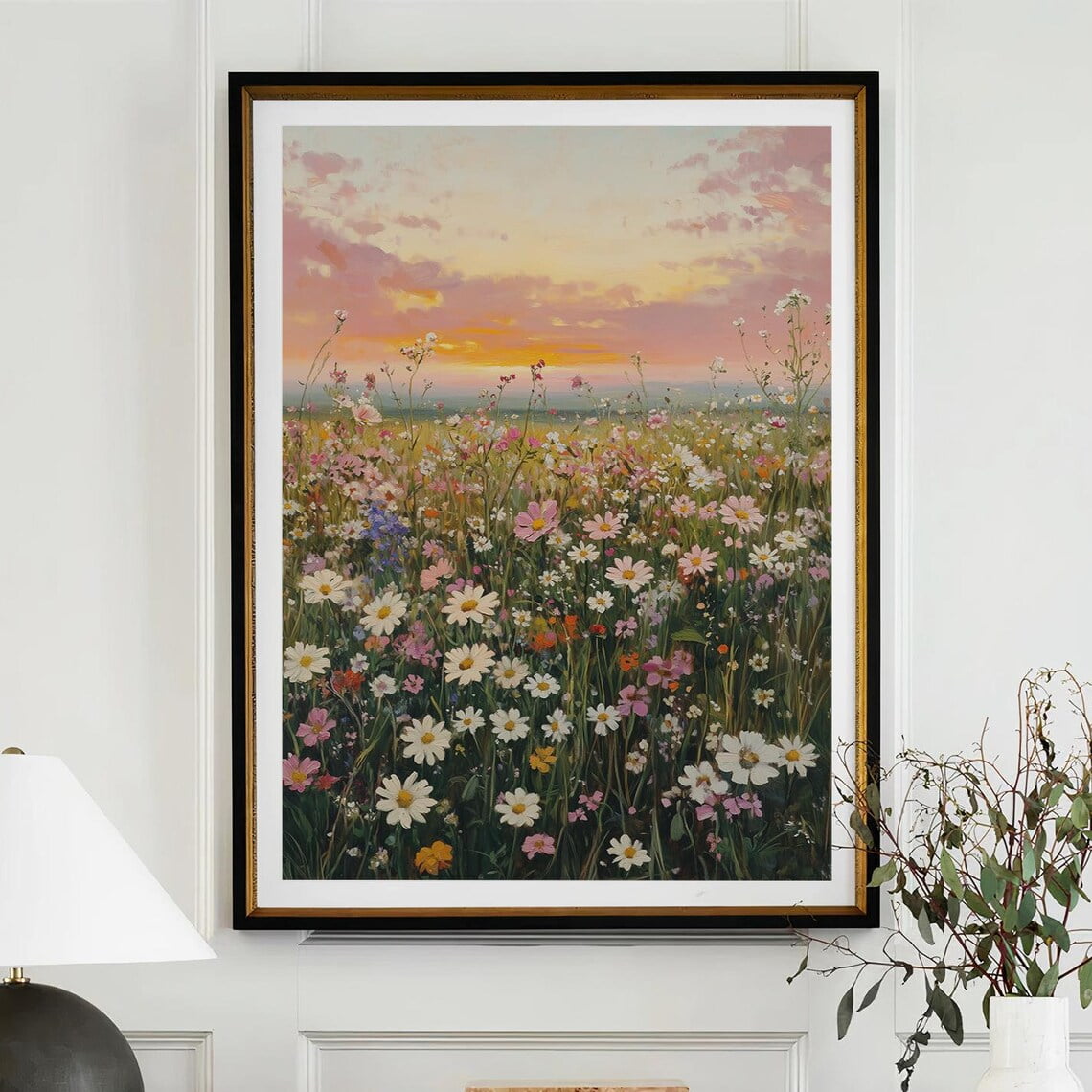 Wildflower Field Meadow Print Golden Hour Sunset Floral Poster Flower ...