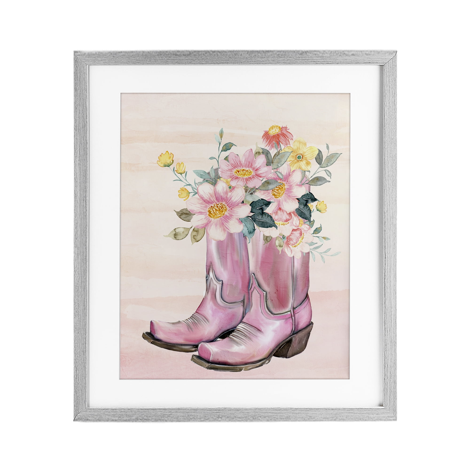 Wildflower Floral Boots Gray Framed Print Under Glass, design by Kim ...
