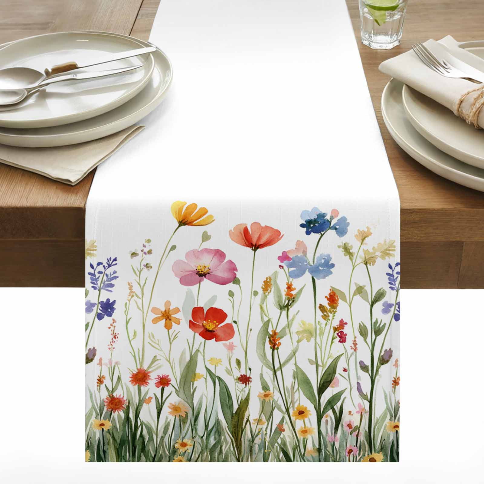 Wildflower Floral Cotton Linen Table Runner Watercolor Flower Spring ...