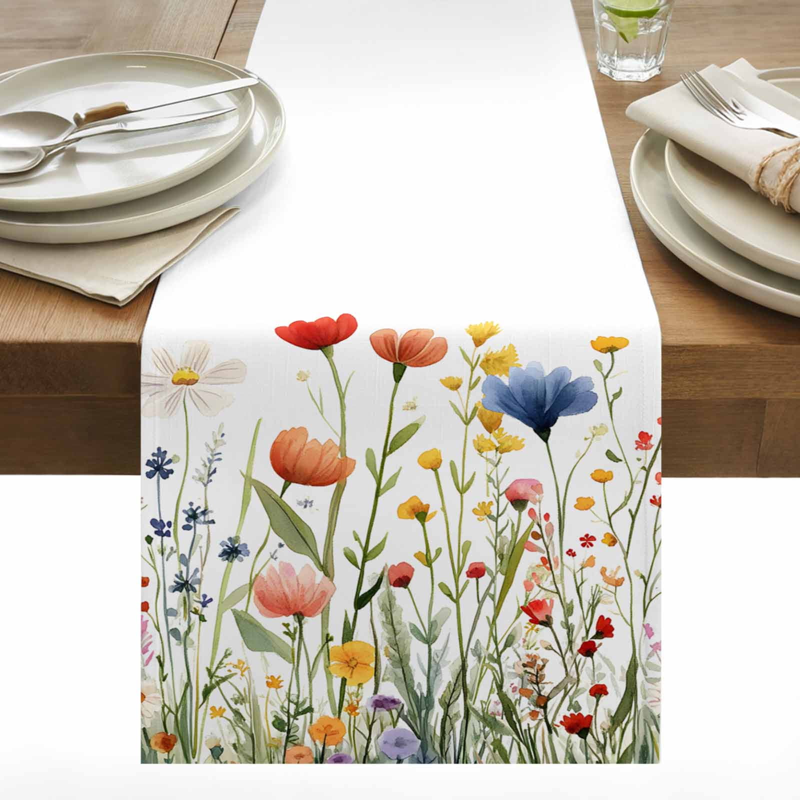 Wildflower Floral Cotton Linen Table Runner Watercolor Spring Flowers ...