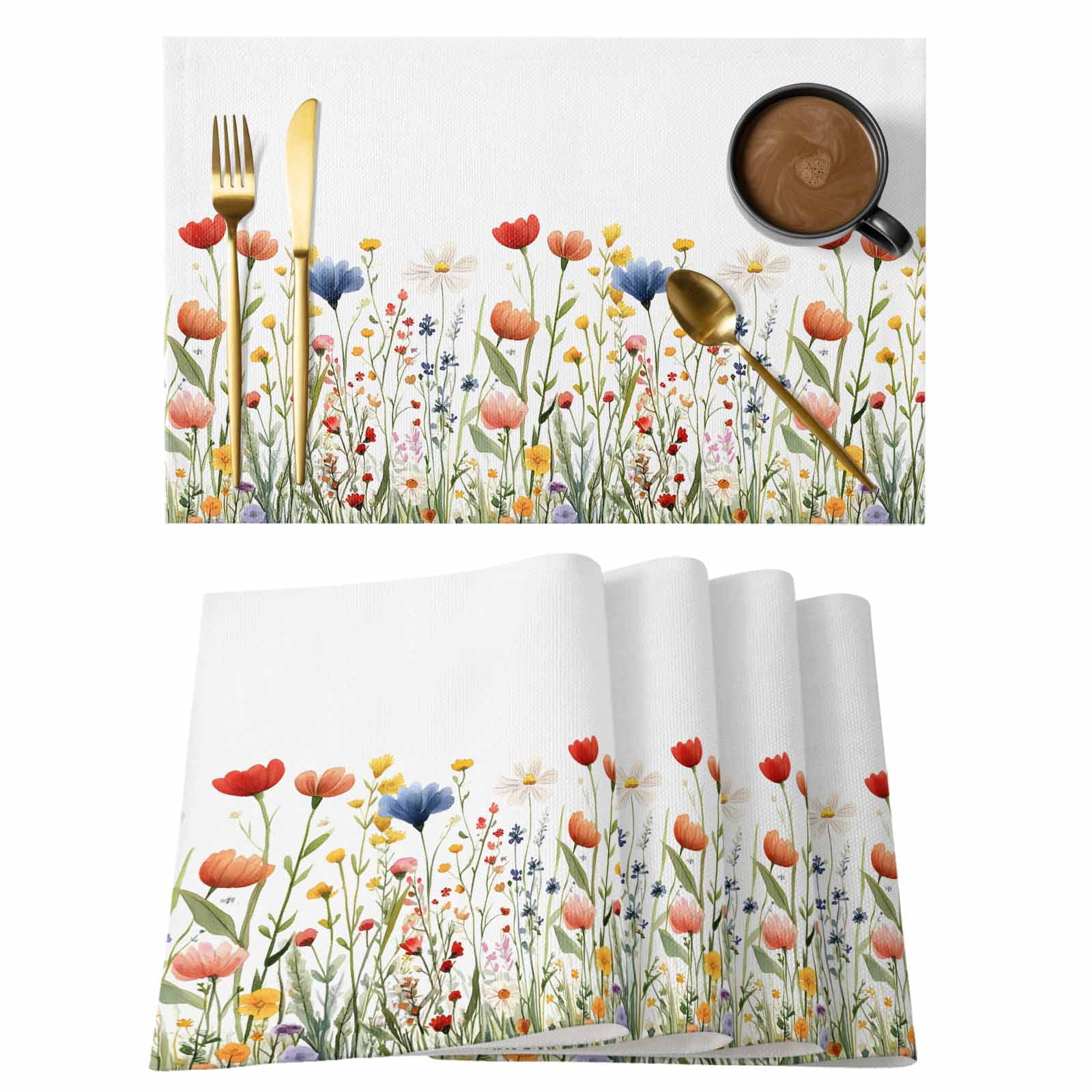 Wildflower Floral Placemats Set of 1, Watercolor Spring Flowers Leaves ...