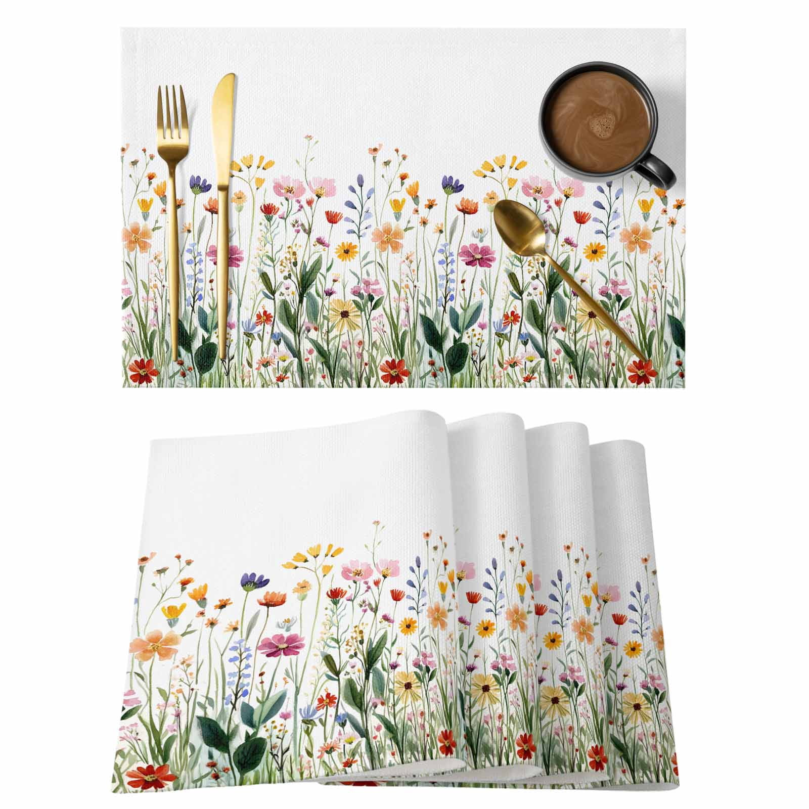 Wildflower Floral Placemats Set of 4, Watercolor Spring Flower Leaves ...