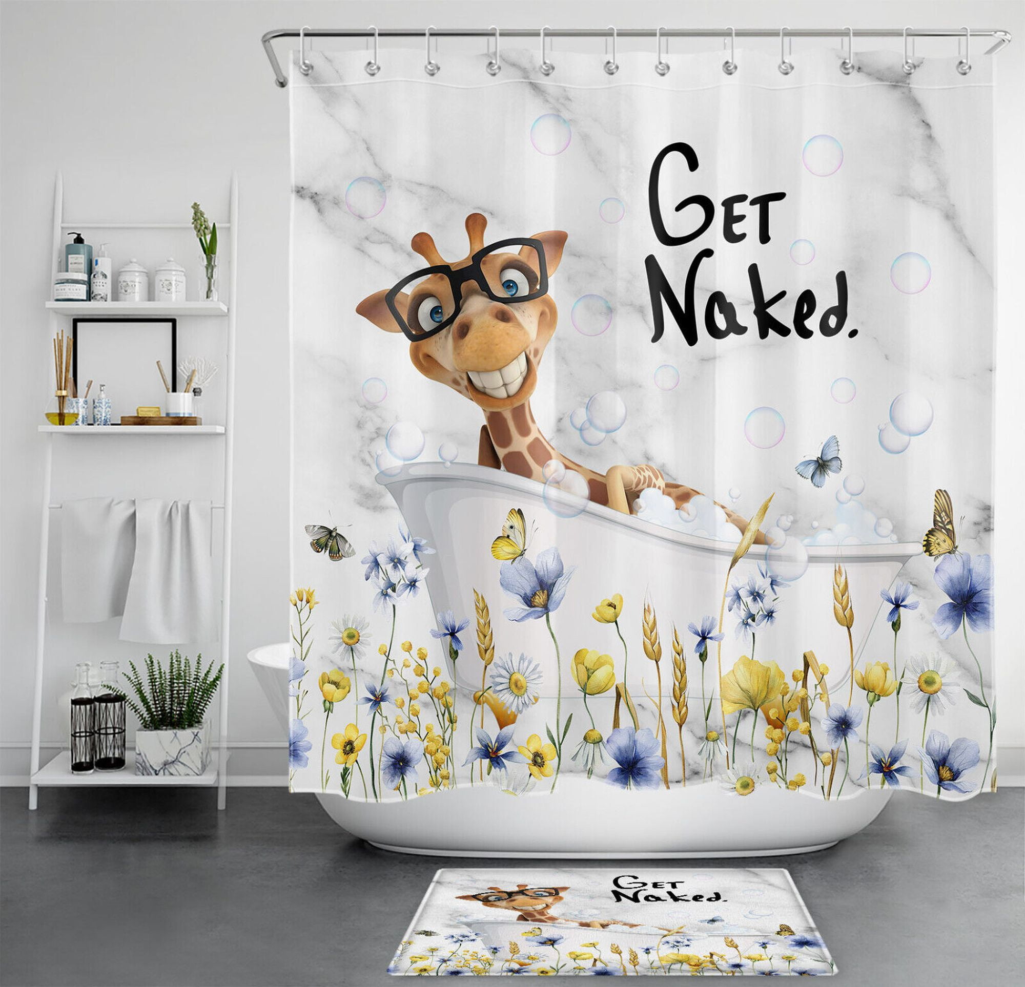 Wildflower Giraffe Shower Curtain Set - Rustic Blue Bathroom Decor ...