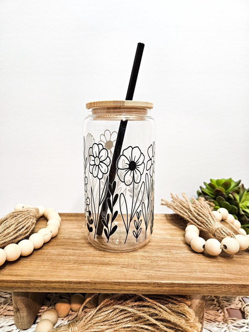 Wildflower Glass Cup, Black Boho Wildflowers, Cute Floral Beer Can ...