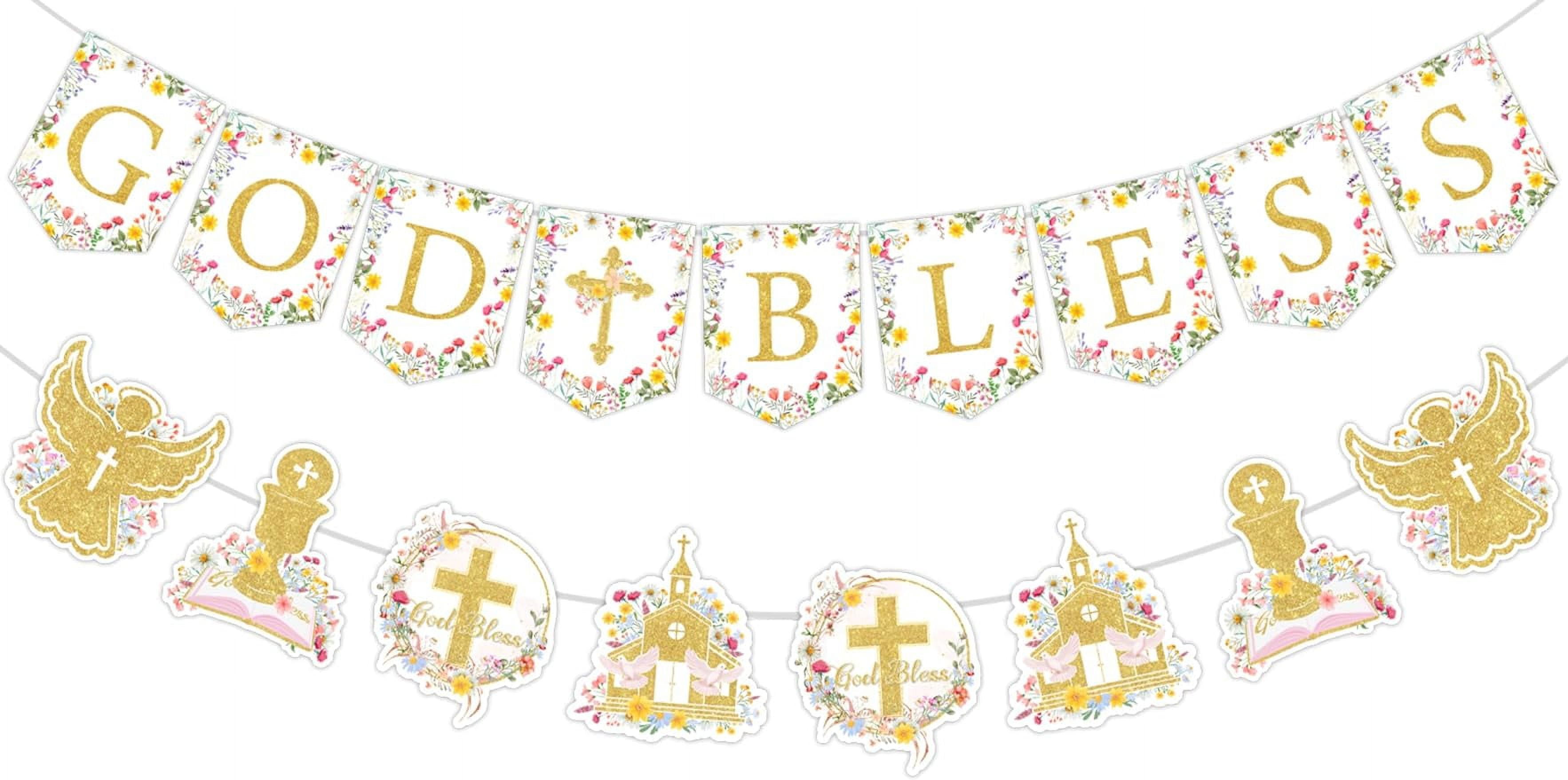 Wildflower God Bless Banner with Pink Floral Baptism Garland - Baptism ...