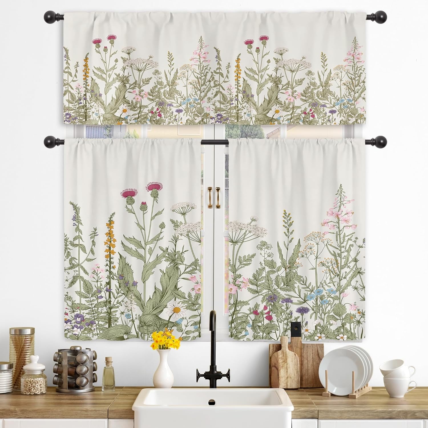 Wildflower Kitchen Curtains and Valances 3 Piece Set Rod Pocket 36 Inch ...