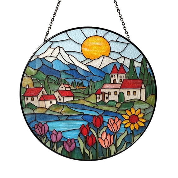 Wildflower Lake Mountain Landscape Stained Glass Window Decor ...