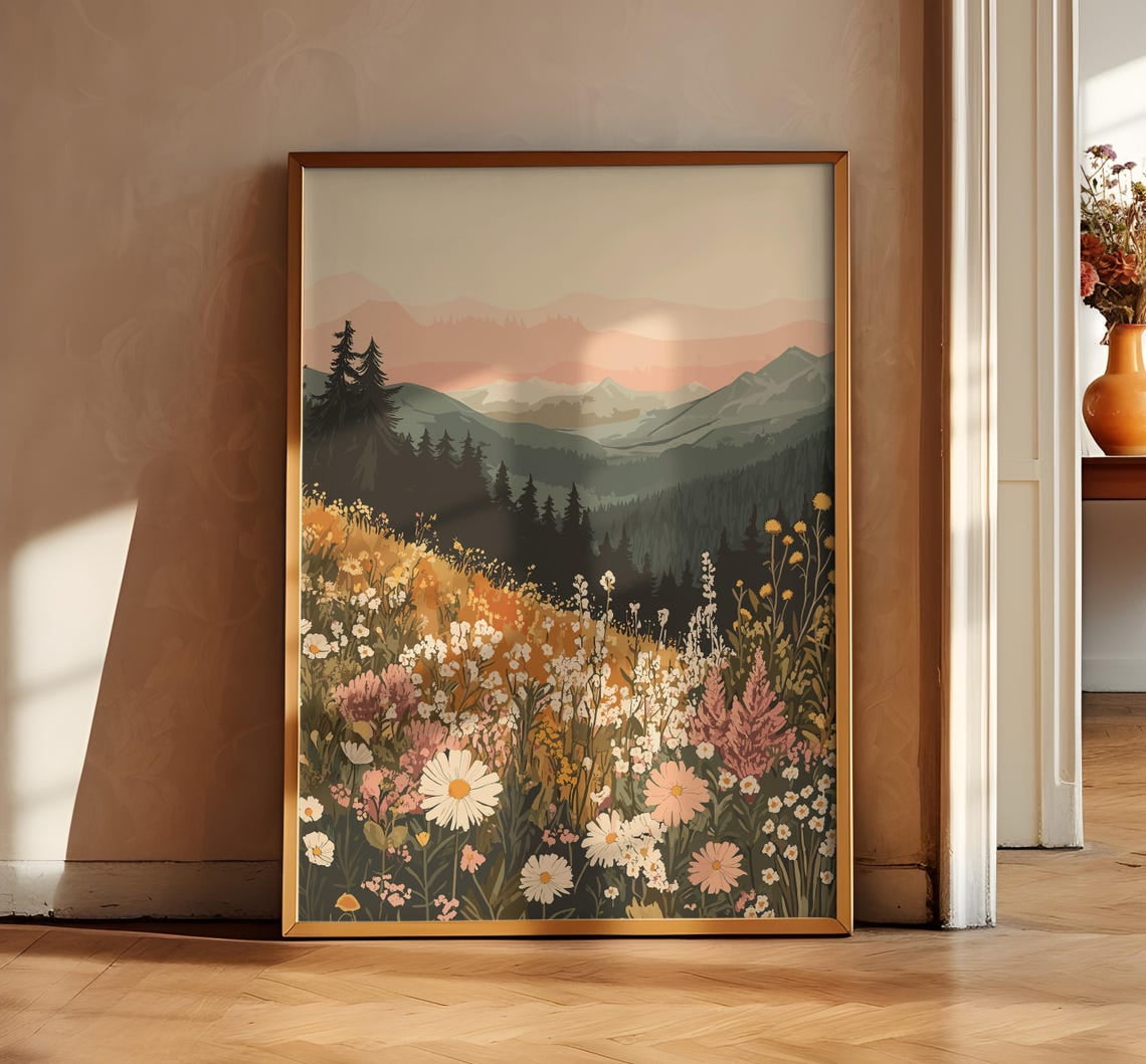Wildflower Landscape Art, Mountain Sunset Print, Midcentury Modern Wall ...