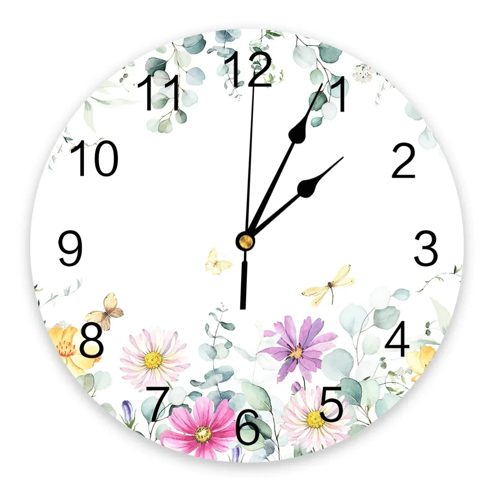 Wildflower Leaves Round Wall Clock Modern Design Kitchen Hanging Watch ...
