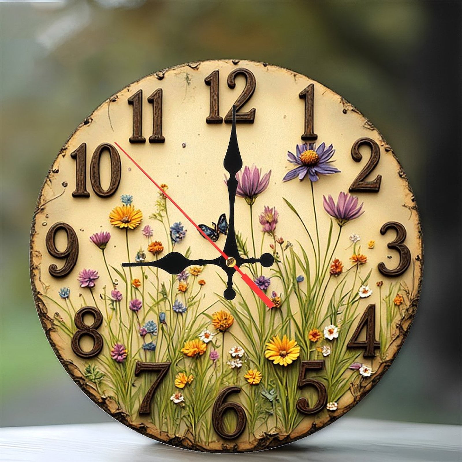 Wildflower Meadow Butterfly Wall Clock 10-Inch Silent Wooden Wall Clock ...
