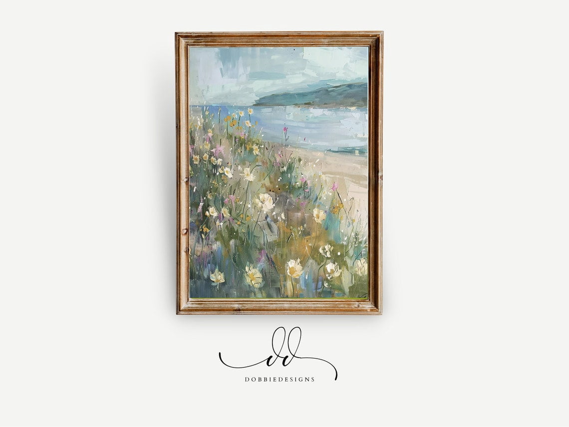 Wildflower Meadow Coastal Ocean Art Print Floral Landscape Serene ...