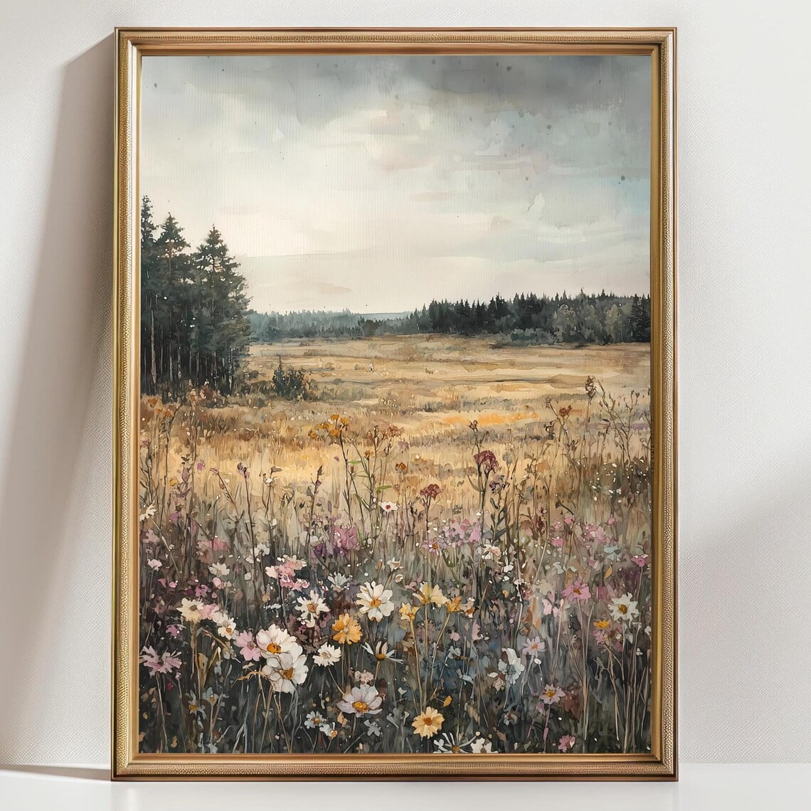 Wildflower Meadow Landscape Print, Watercolor Field Flowers Art, Rustic ...