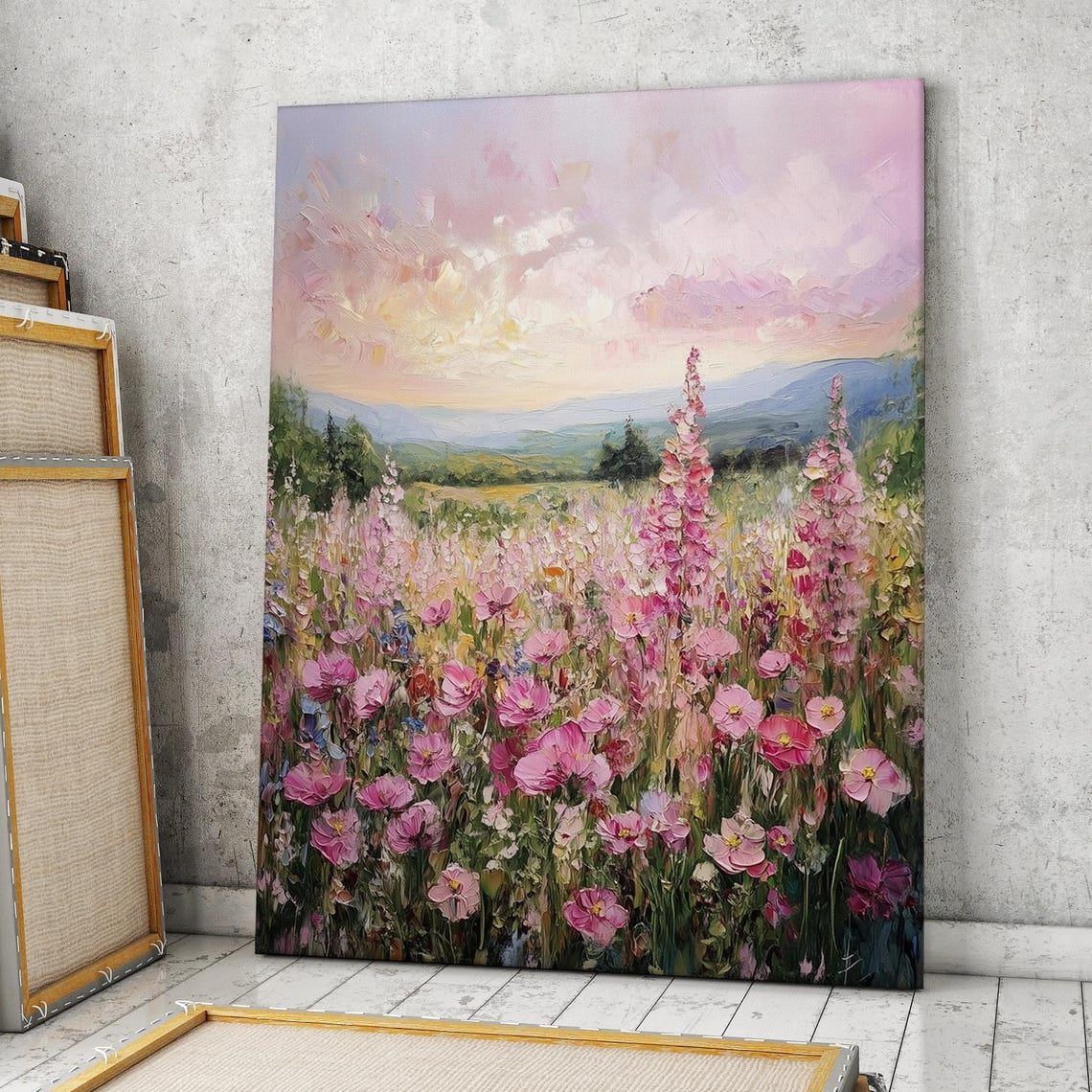 Wildflower Meadow Pink Flower Poster, Landscape Exhibition Mid Century ...
