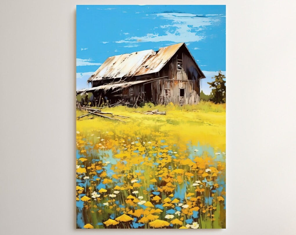 Wildflower Meadow Rustic Barn Painting Spring Countryside Wall Art ...