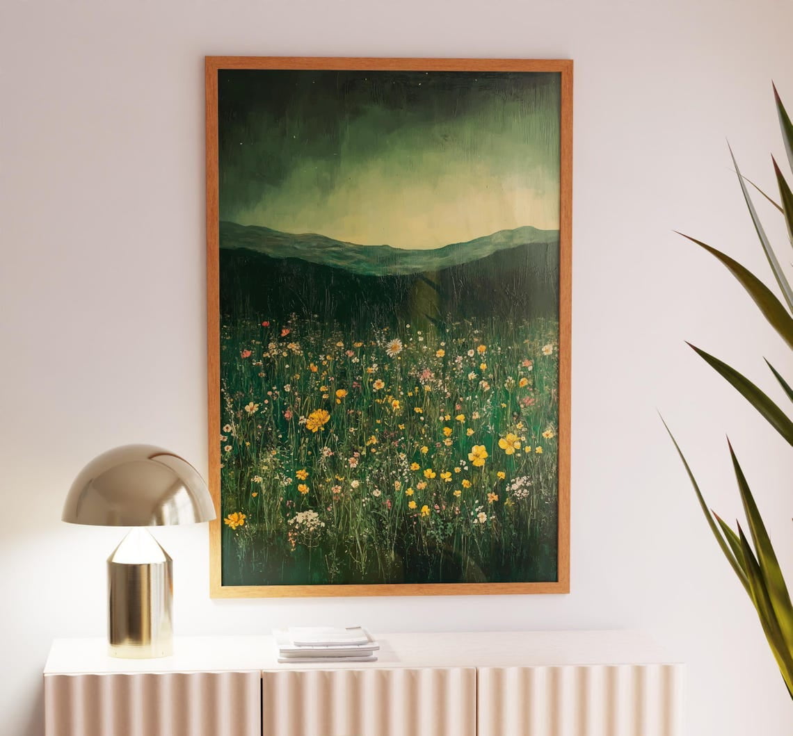 Wildflower Meadow Wall Art, Dark Green Botanical Landscape Print ...