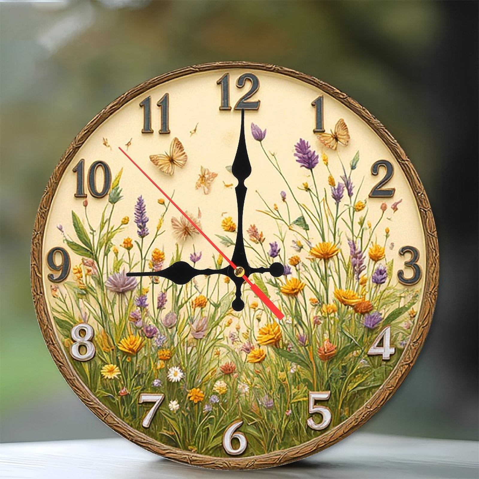 Wildflower Meadow Wall Clock Farmhouse Decor 10-Inch Silent Wooden Wall ...
