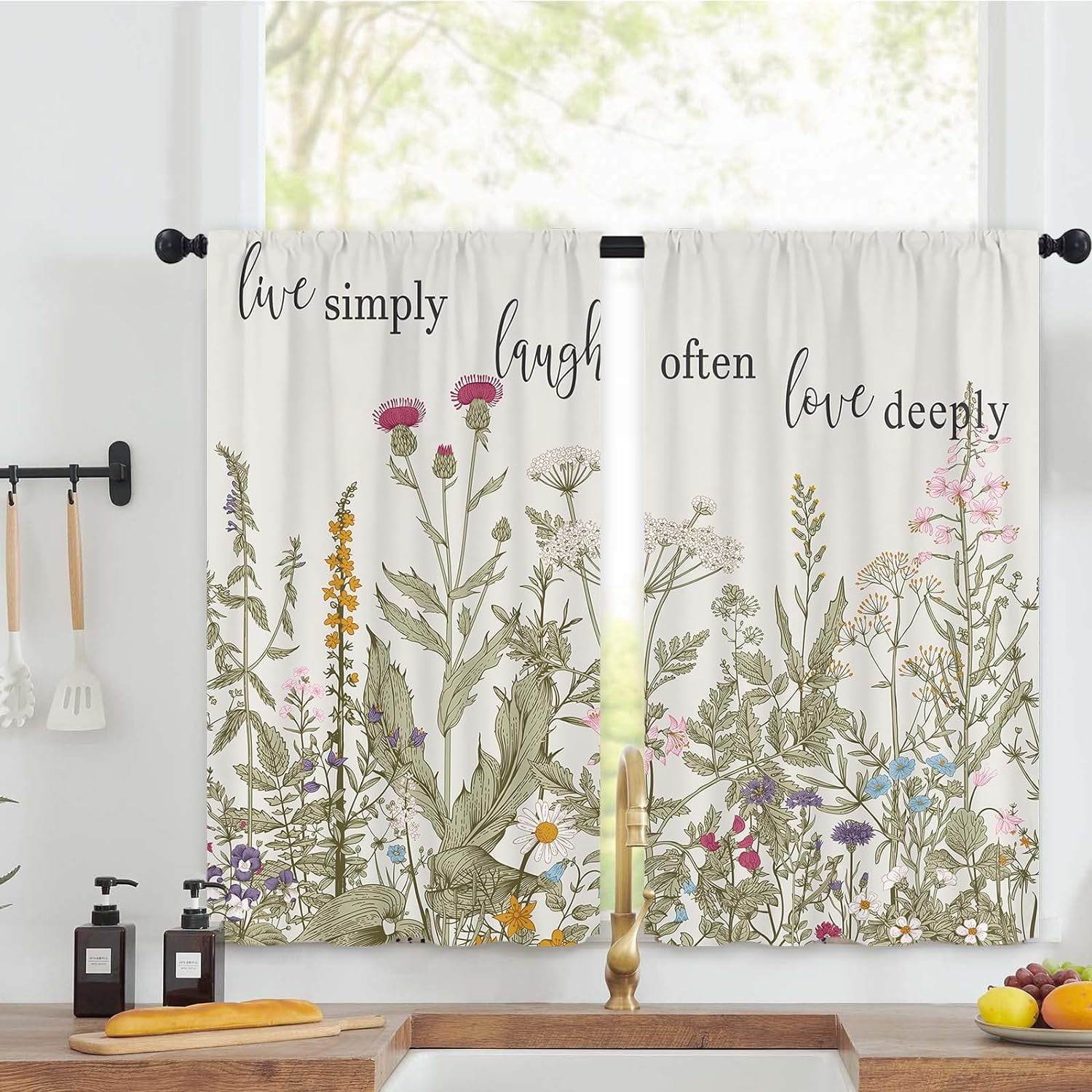 Wildflower Plant Kitchen Curtains 27.5W x 39L Inch Herb Green Leaves ...