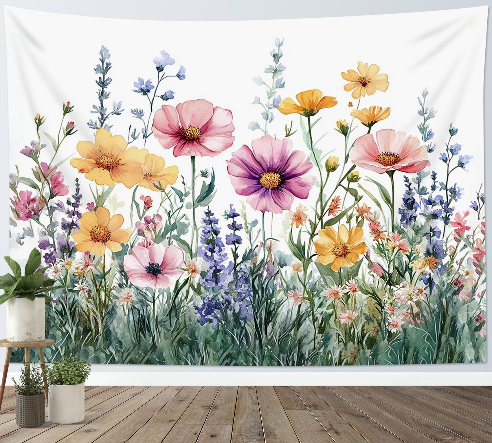 Wildflower Plant Tapestry Wall Hanging Rustic Yellow Purple Floral and ...