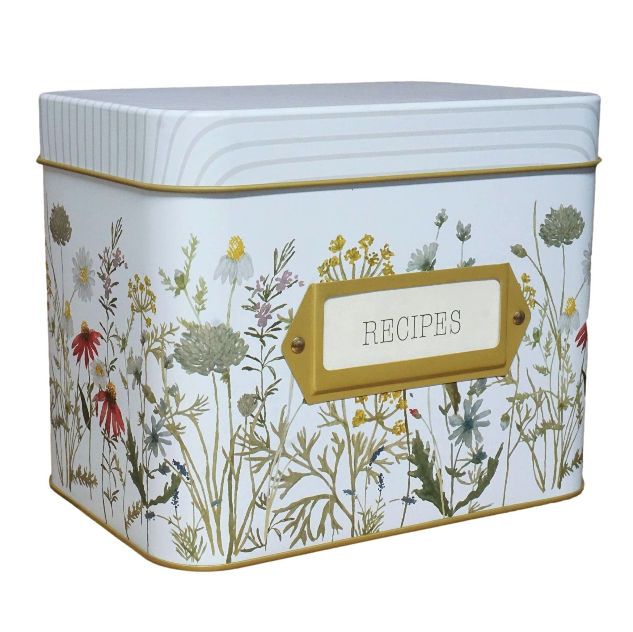 Wildflower Print Tin Recipe Box Holder with 100 4x6 Cards and 12 ...