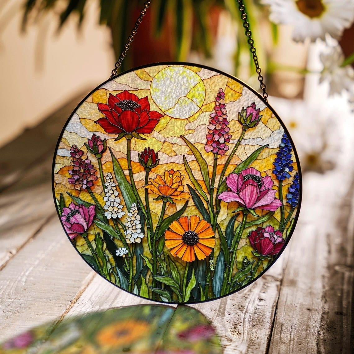 Wildflower Stained Glass Suncatcher Window Hanging Gift for Nature ...