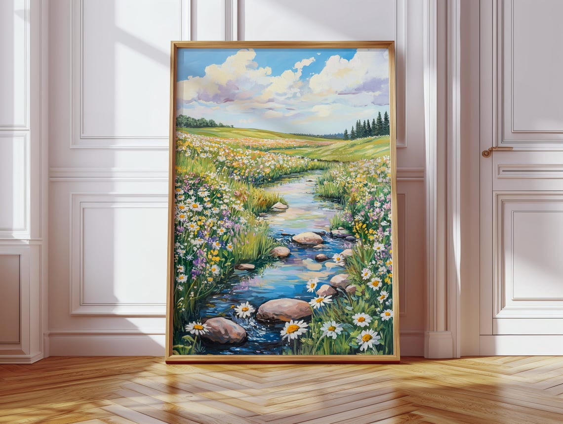 Wildflower Stream Landscape Bright Meadow Floral Art Print Colorful ...