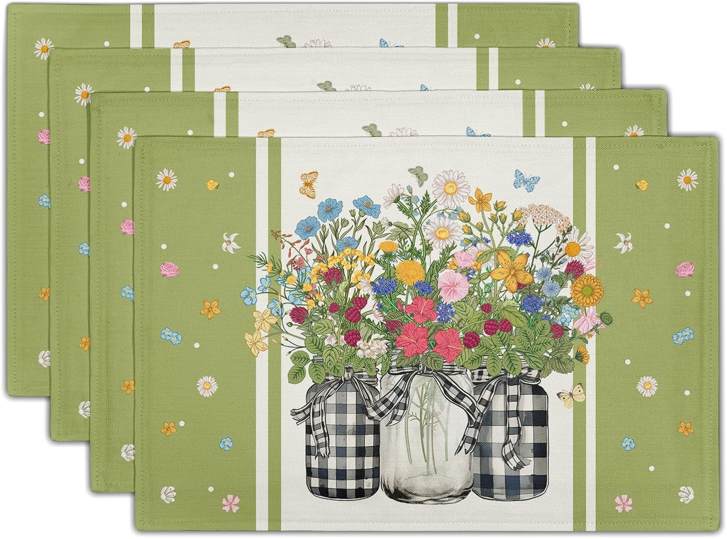 Wildflower Vase Placemats Set of 4, 12x18 Inch Green Spring Floral ...