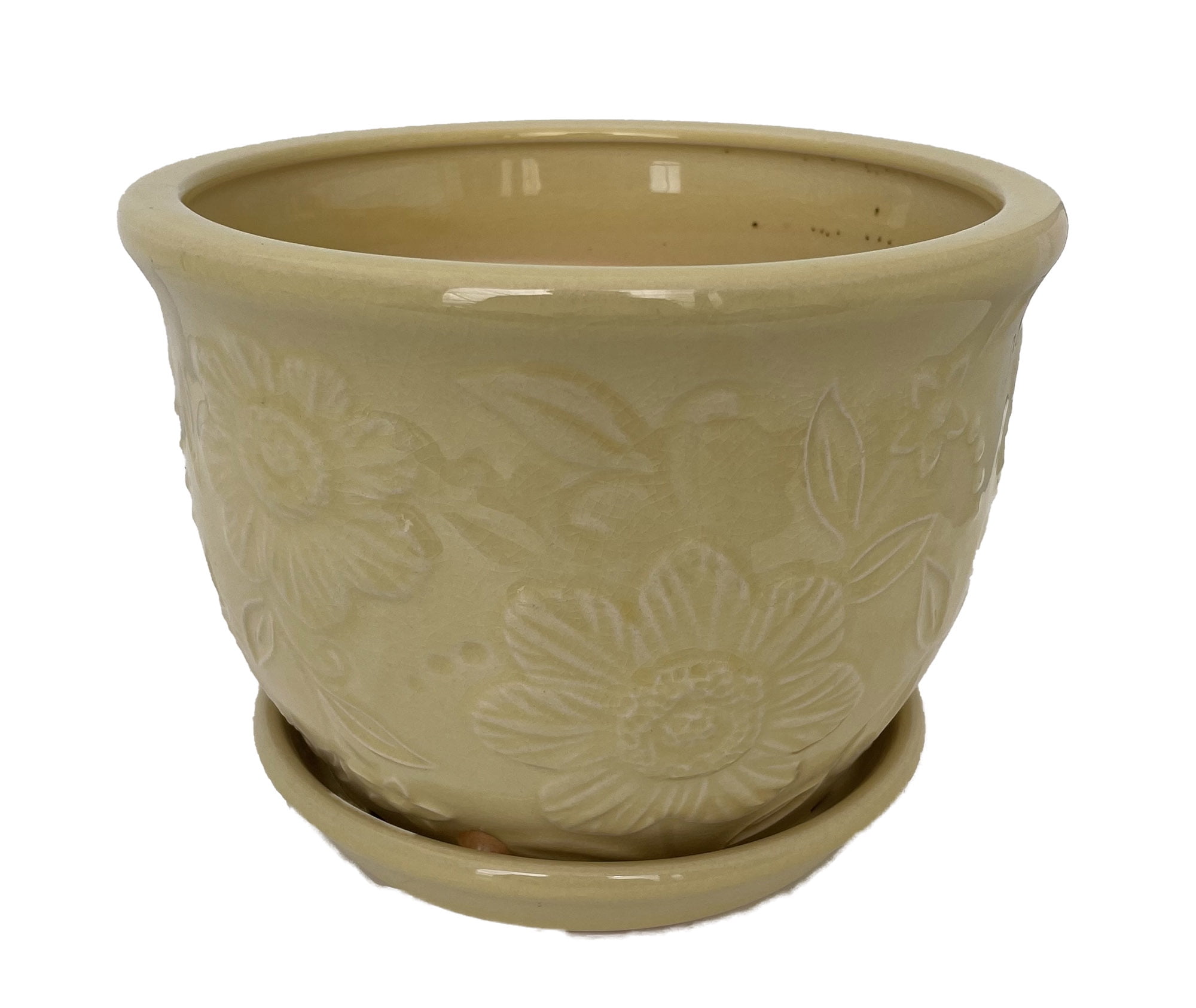 Wildflower Yellow Ceramic Pot with Attached Saucer - 8" x 6" - Walmart.com