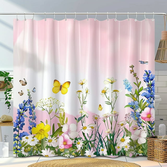 Wildflower And Butterfly Print Shower Curtain Pink Background With