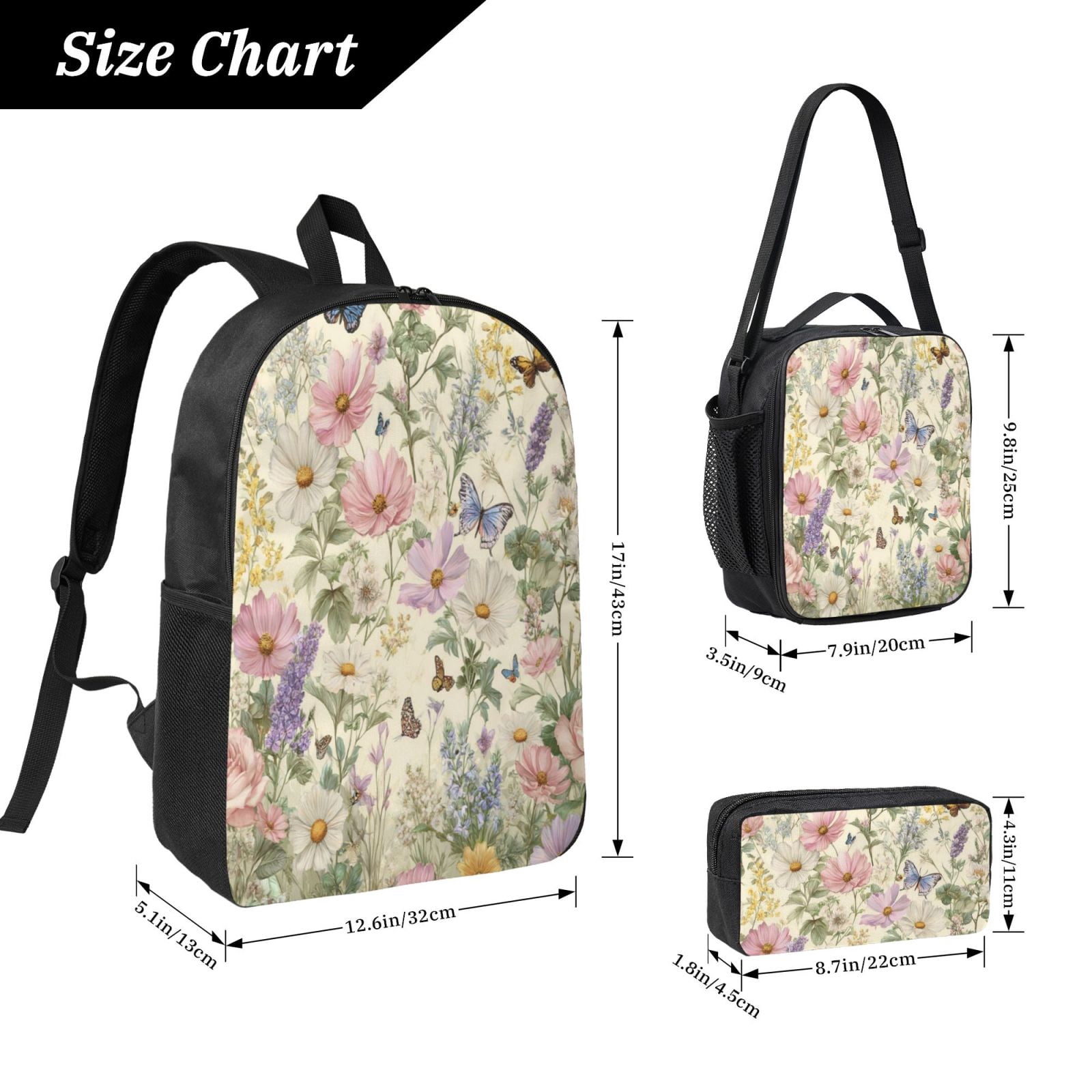 Wildflowers And Butterflies Backpack 17 Inch Set with Lunch Bag and ...