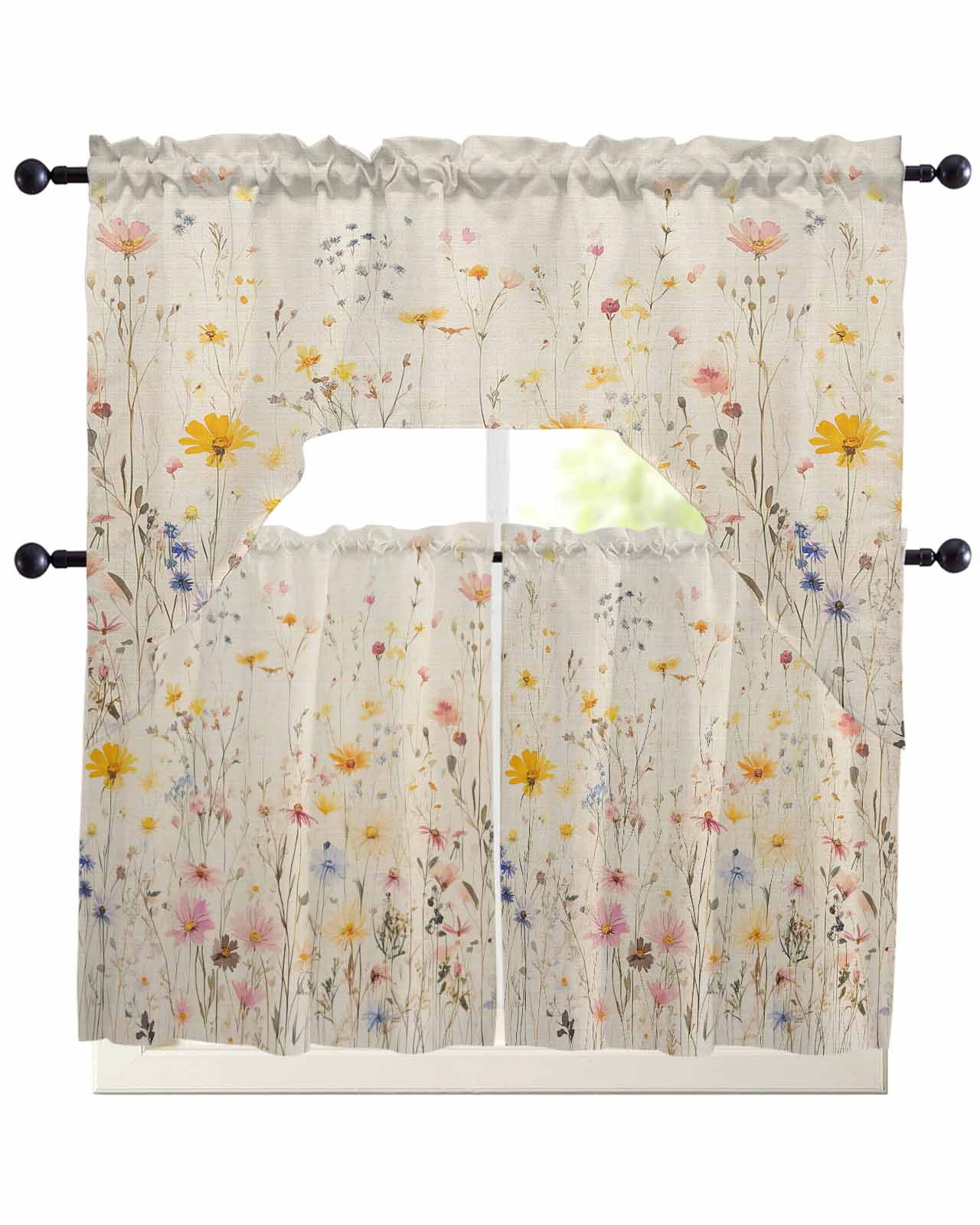 Wildflowers Blossom Kitchen Curtains Swag Valance and Tier Curtains Set ...